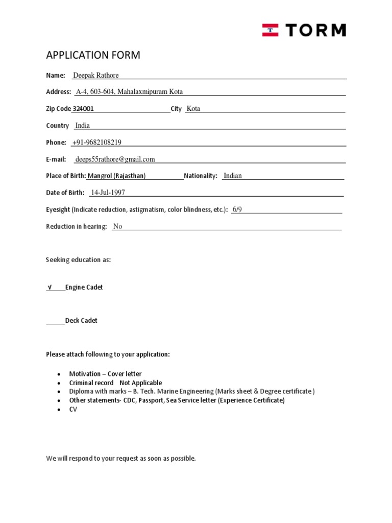 Application Form Education at Sea - Original | PDF