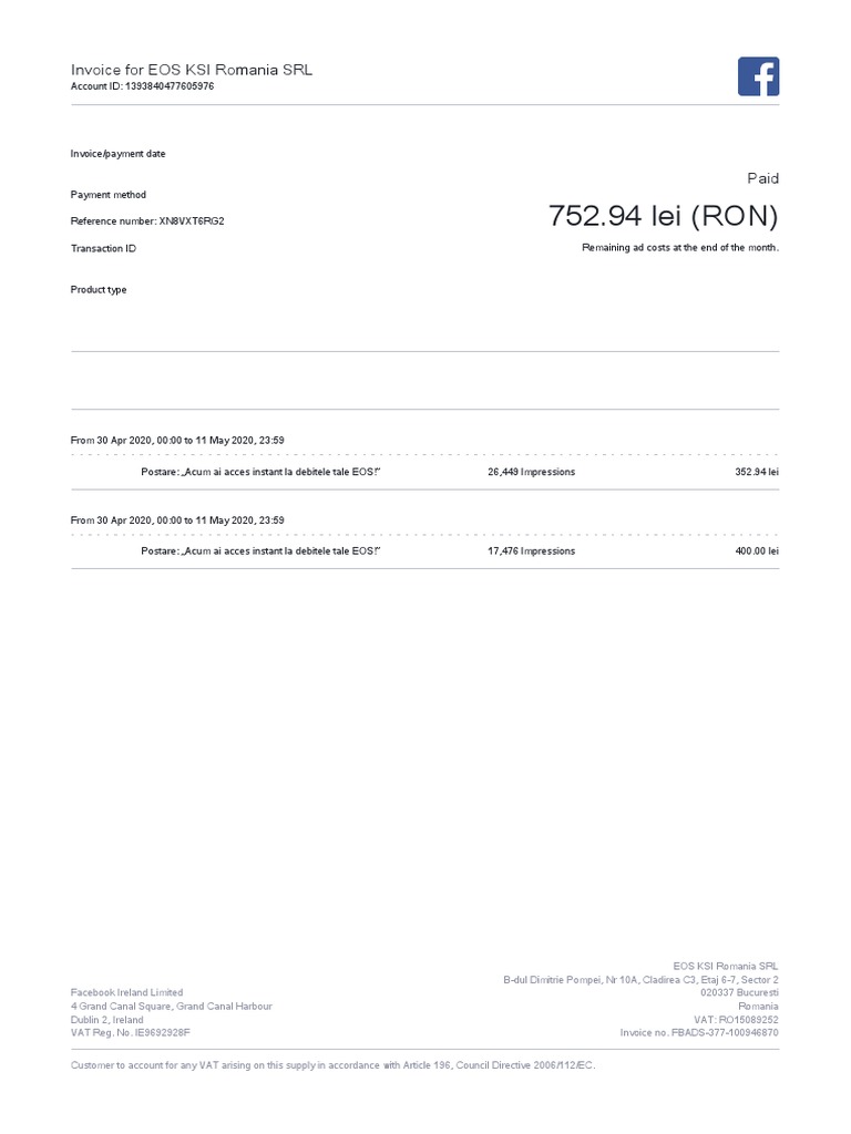752.94 Lei (RON) : Invoice For EOS KSI Romania SRL | PDF | Corporations ...