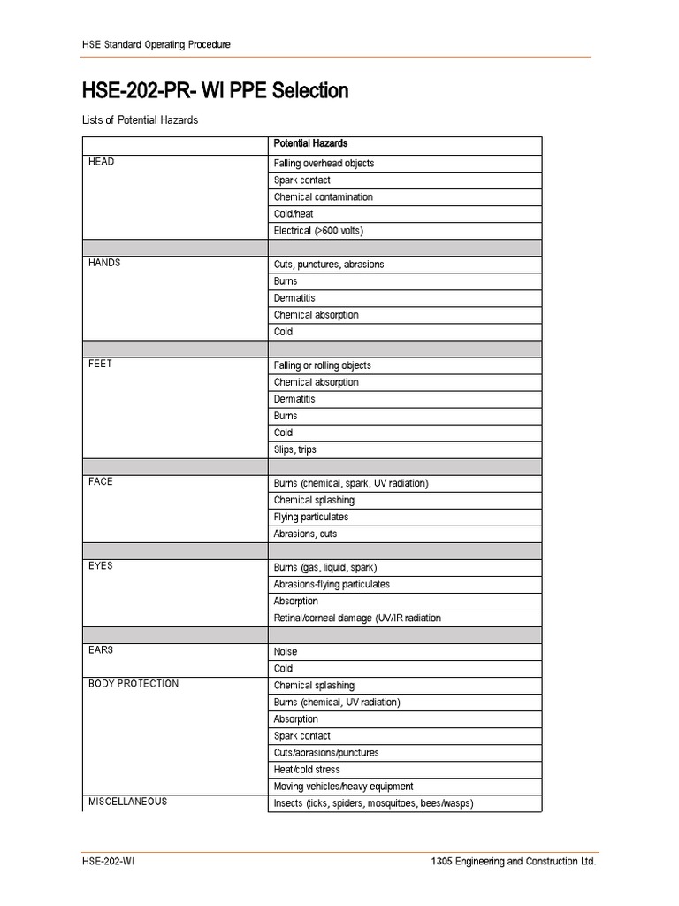 HSE-202-PR-WI PPE Selection: Lists of Potential Hazards | PDF ...