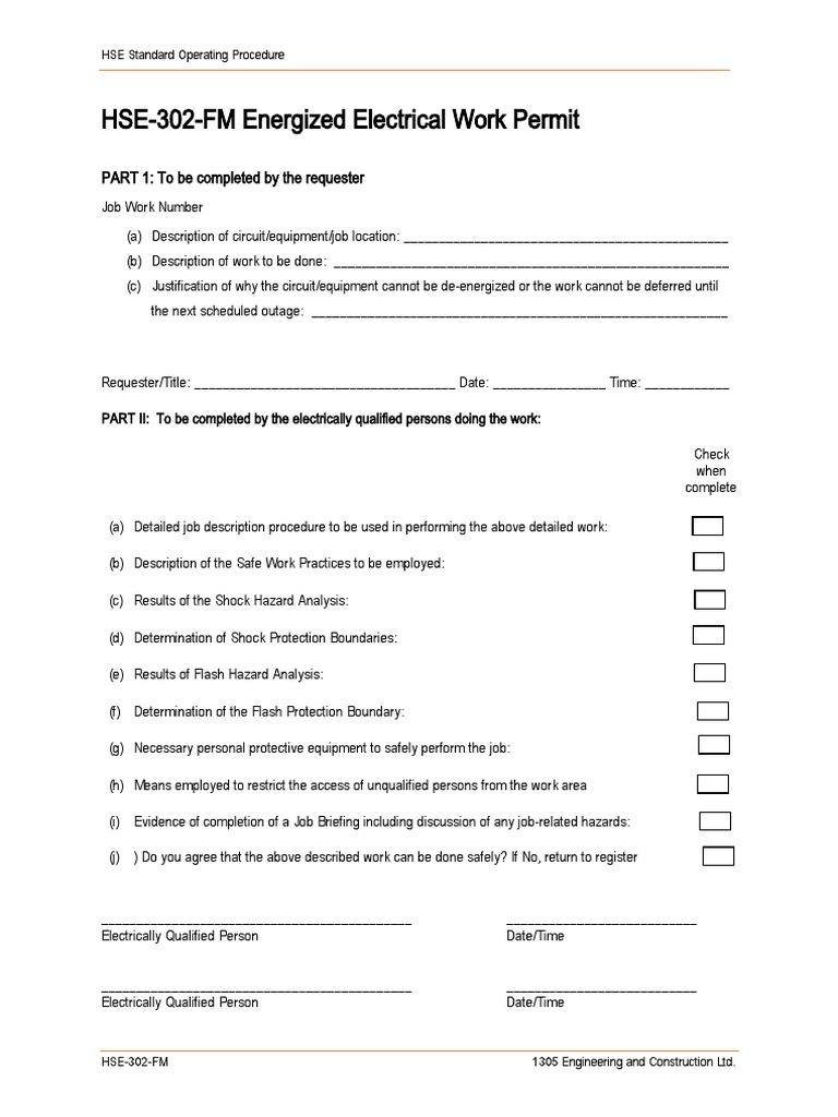HSE-302-FM Energized Electrical Work Permit: PART 1: To Be Completed by ...