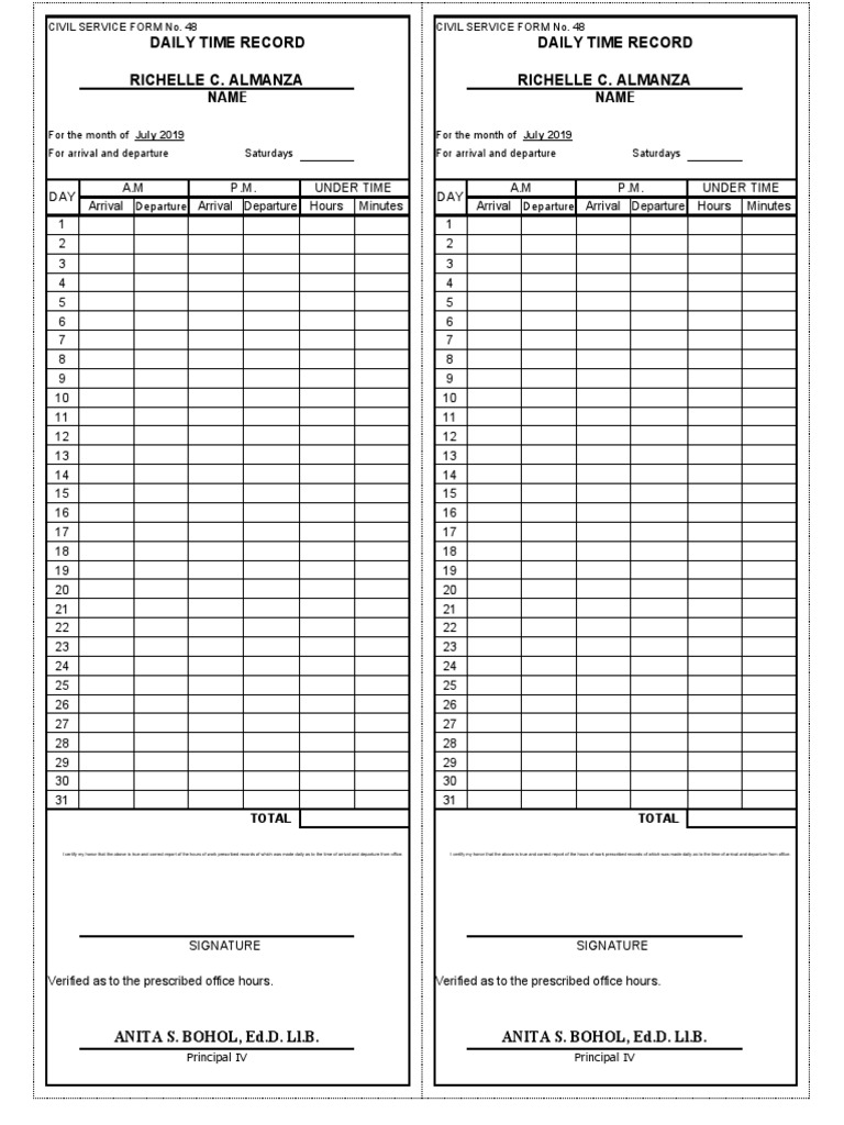 Daily Time Record Form No. 48 | PDF