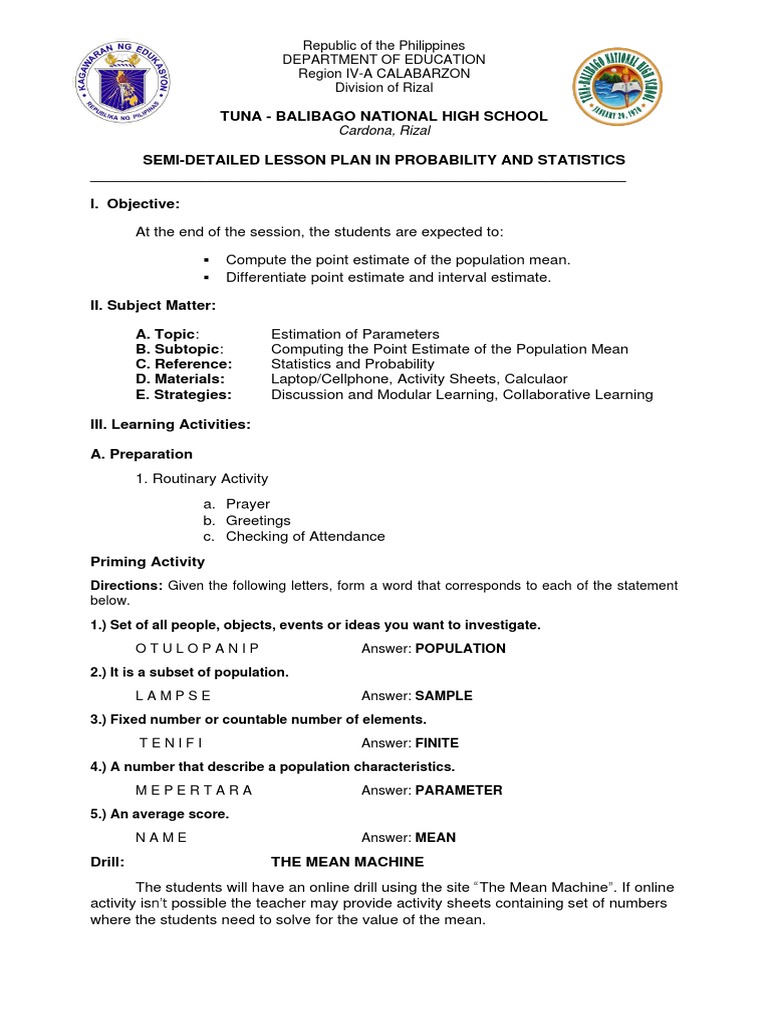 Lesson Plan in Statistics and Probability PDF | PDF | Mean | Statistics