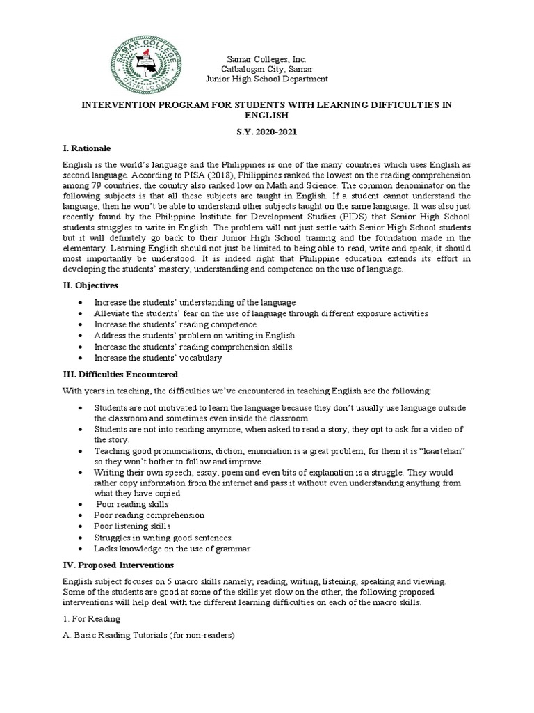 Intervention Program For Students With Learning Difficulties in English S.Y. 2020-2021 I ...