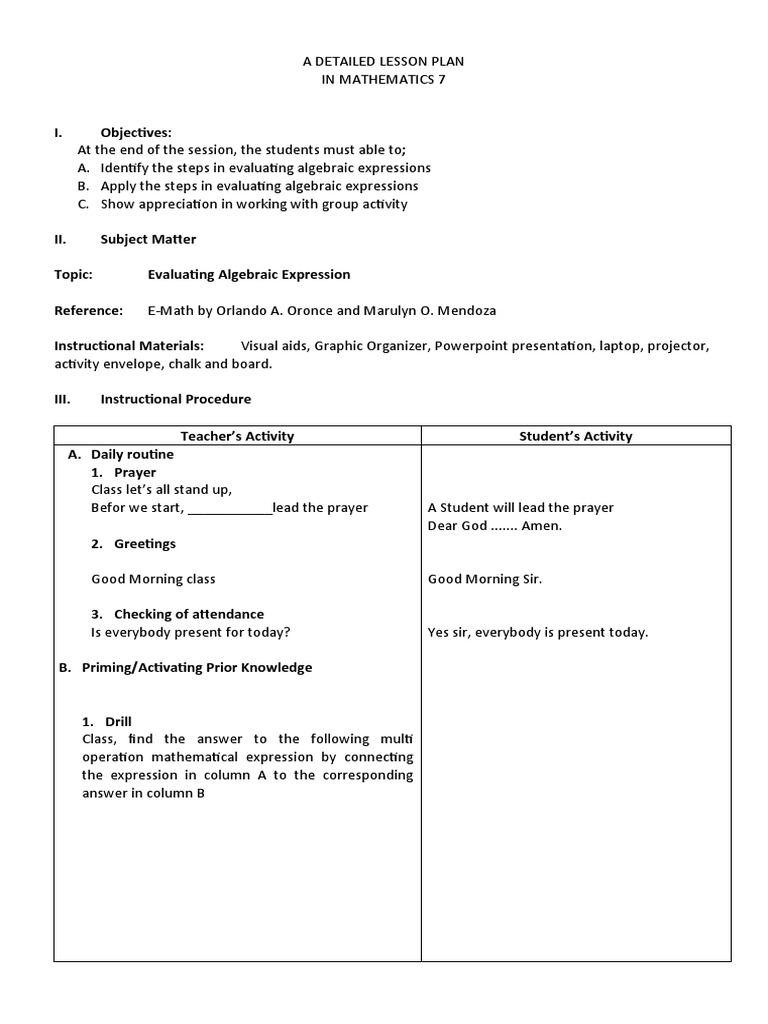 Grade 7 Algebraic Expressions Plan | PDF | Equations | Multiplication