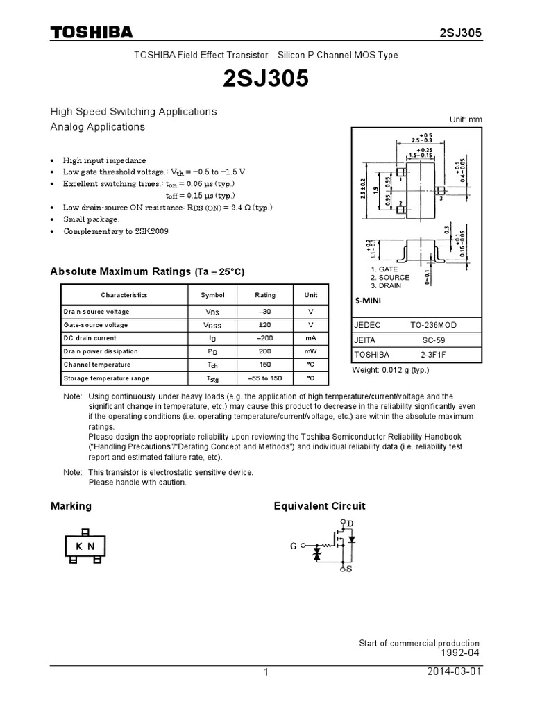 Toshiba 2SJ305 P-Channel MOSFET Specs | PDF | Field Effect Transistor ...