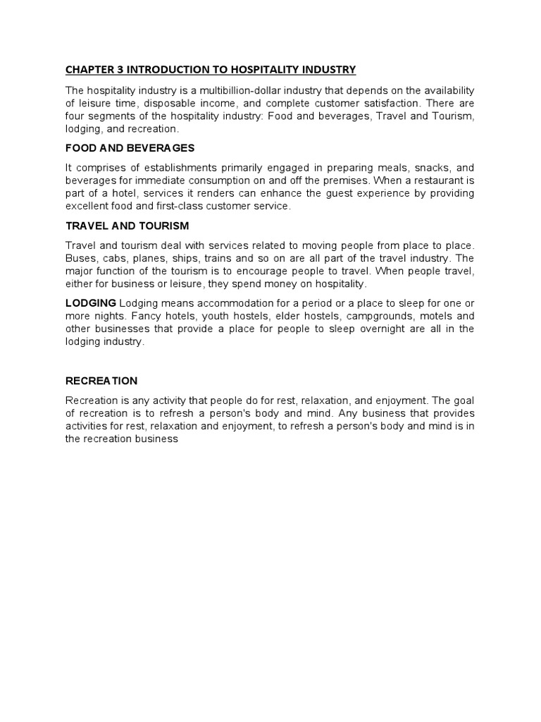 Chapter 3 Introduction To Hospitality Industry | PDF