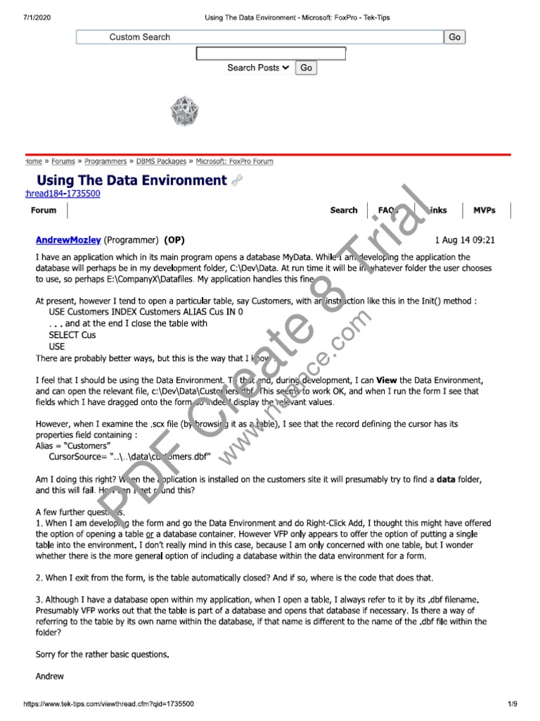 Using The Data Environment Microsoft Foxpro Tek Tips Pdf 