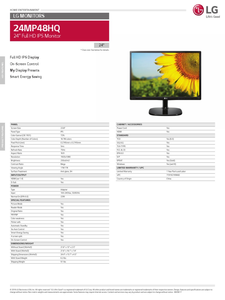 24MP48HQ Spec Sheet | PDF | Hdmi | Computer Monitor