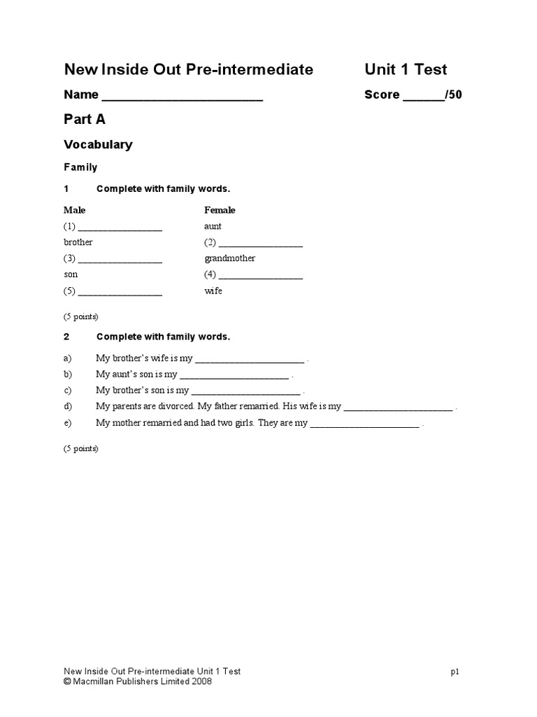New Inside Out Pre-Intermediate Unit 1 Test: Part A | PDF | Semiotics ...