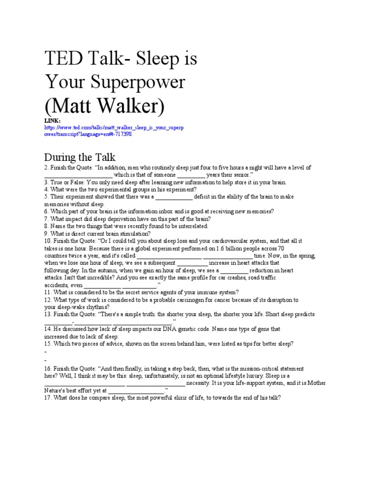 TED Talk - Sleep Is Your Superpower | PDF | Sleep Deprivation | Sleep