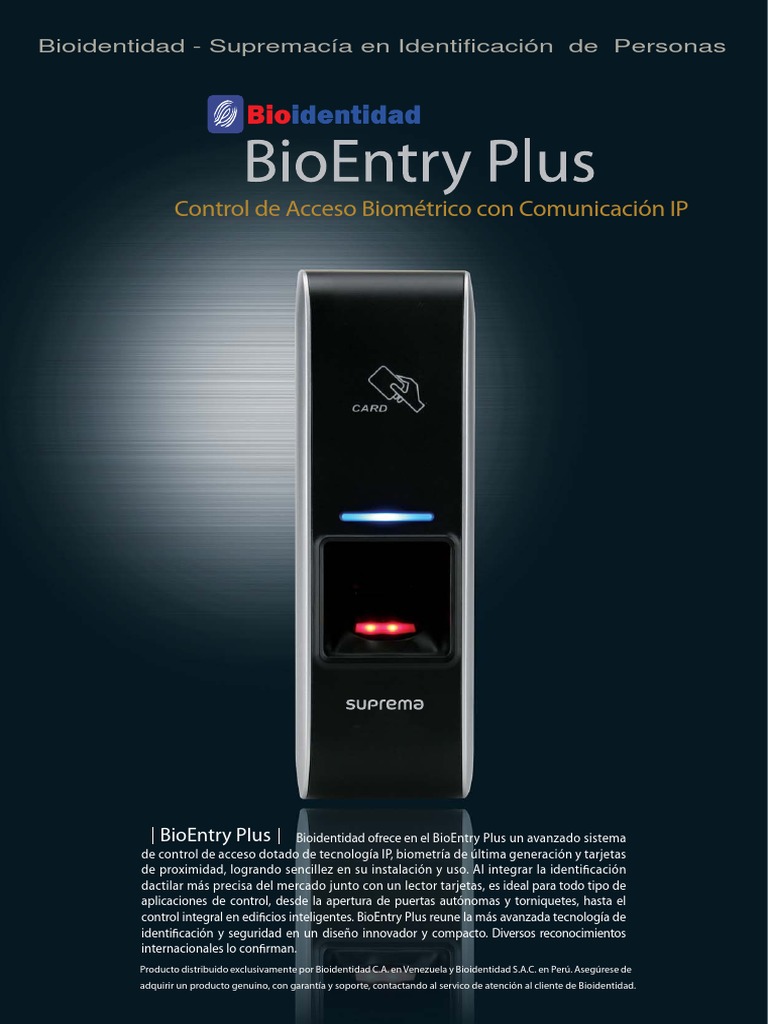 Bioidentidad BioEntryPlus Folleto | PDF | Biometría | Red de computadoras