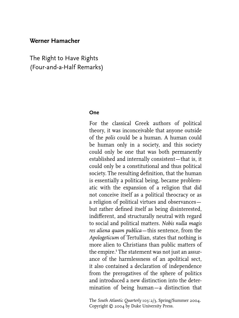 Werner Hamacher - The Right To Have Rights | PDF | Natural And Legal ...