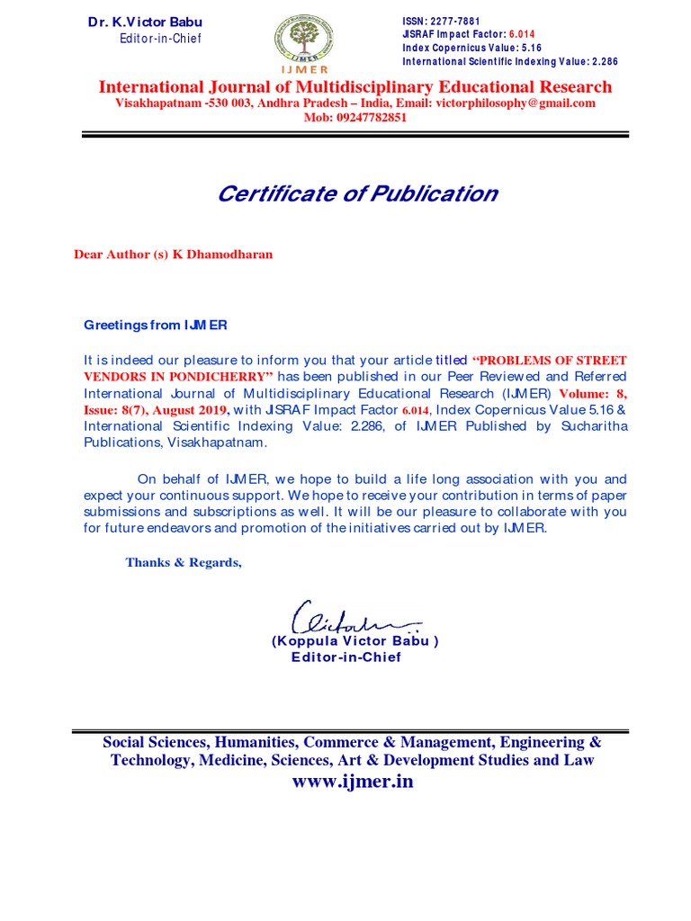 Certificate of Publication for IJMER | PDF