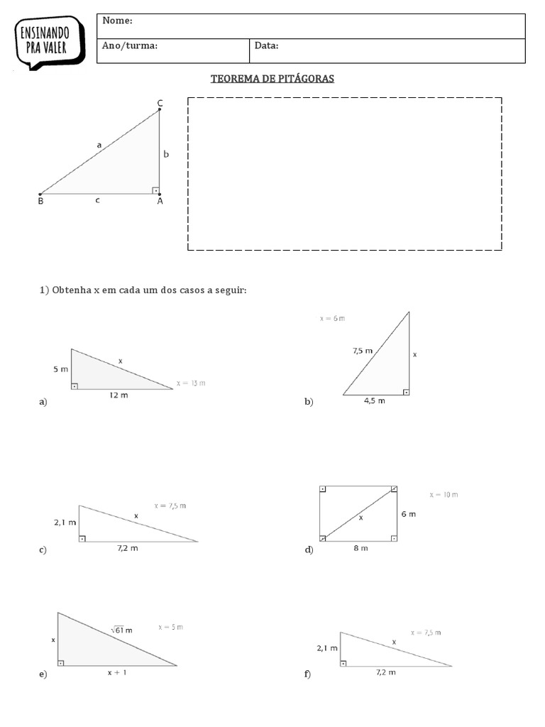 9o Ano Exercícios Teorema De Pitagoras Pdf
