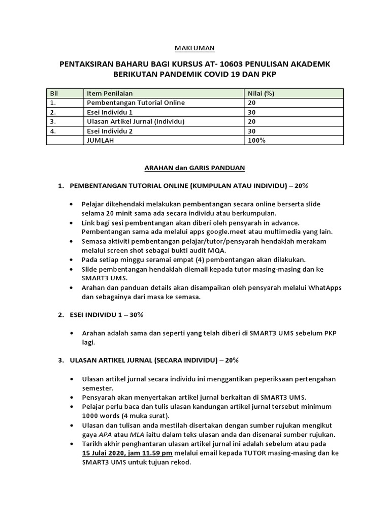 Arahan Penilaian Kursus AT 10603 Revised Version PKP Pandemik Covid19 ...