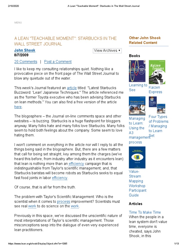 A Lean - Teachable Moment - Starbucks in The Wall Street Journal | PDF ...