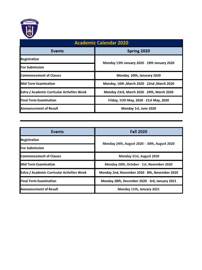 2020 Academic Calendar Overview | PDF