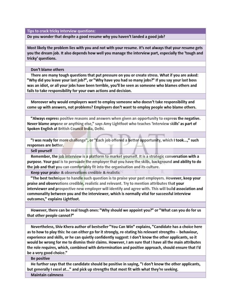 Tips To Crack Tricky Interview Questions | PDF | Interview | Action ...