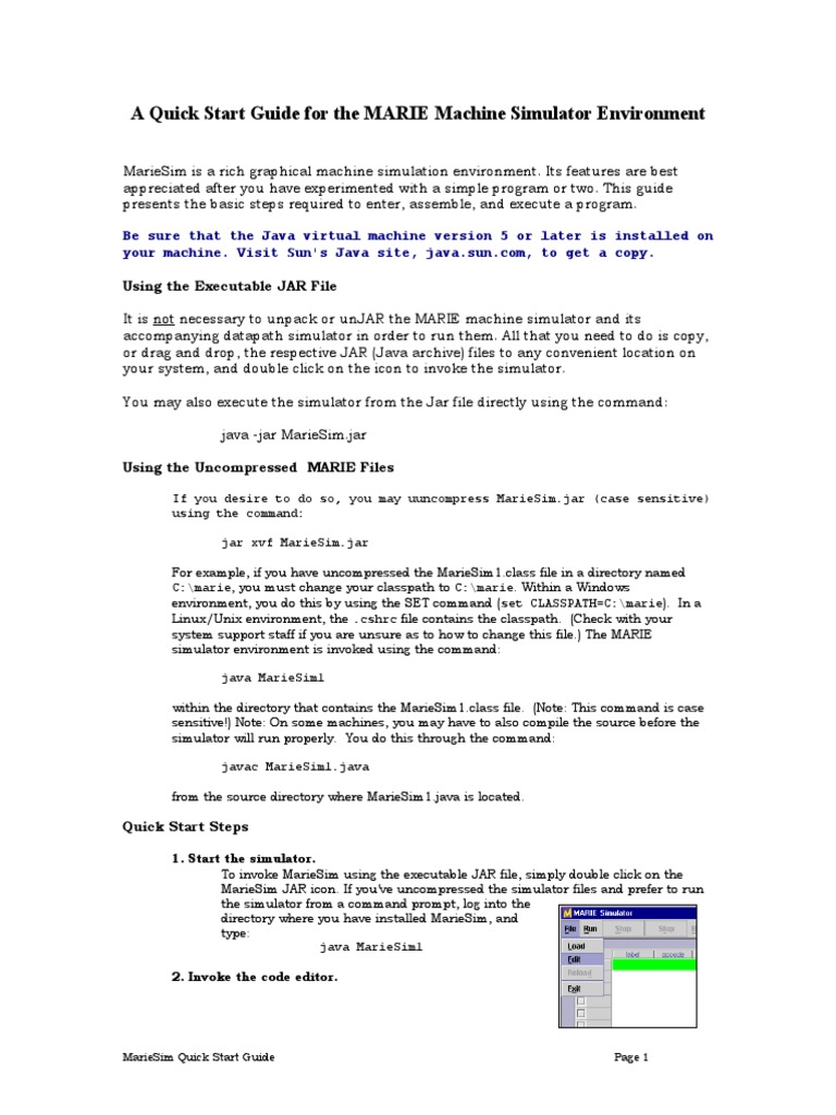 A Quick Start Guide For The MARIE Machine Simulator Environment | PDF | Java (Programming ...