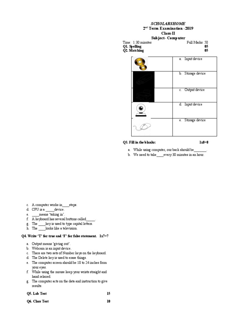 2 Term Examination - 2019 Class-II Subject-Computer: Scholarshome | PDF