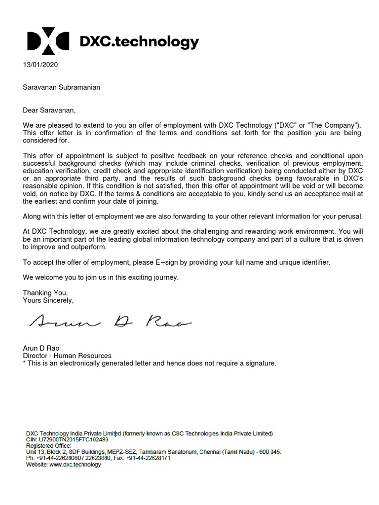 Offer Letter - DXC Technology | PDF | Salary | Insurance