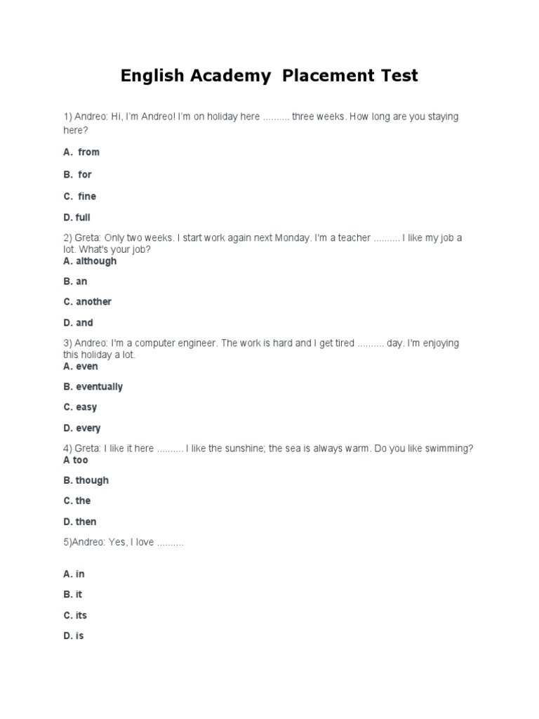 English Academy Placement Test: A. From B. For C. Fine D. Full | PDF