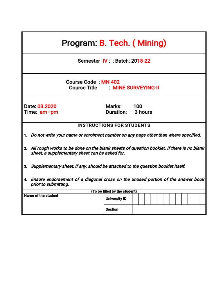 Mine Surveying-II Exam Paper | PDF