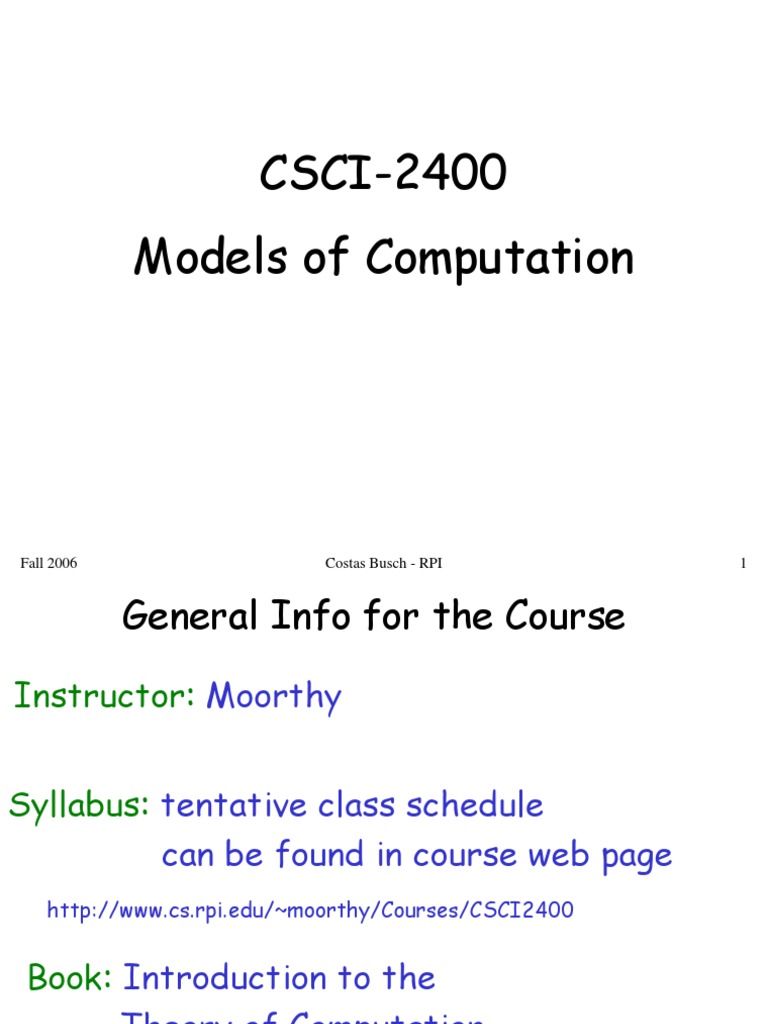CSCI-2400 Models of Computation Course Syllabus | PDF | Computational Complexity Theory | Time ...