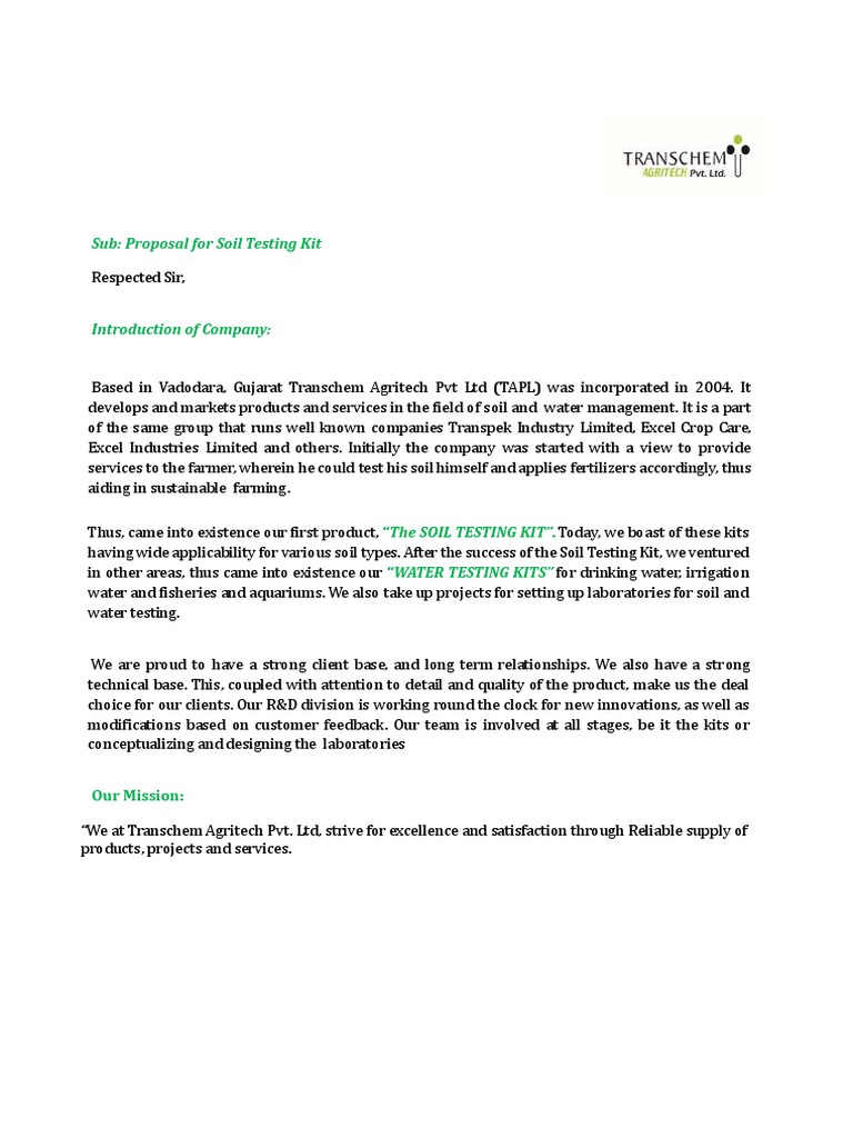Sub: Proposal For Soil Testing Kit | PDF | Soil | Agriculture