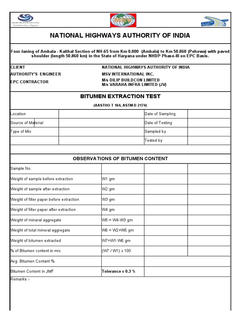 National Highways Authority of India: Bitumen Extraction Test | PDF