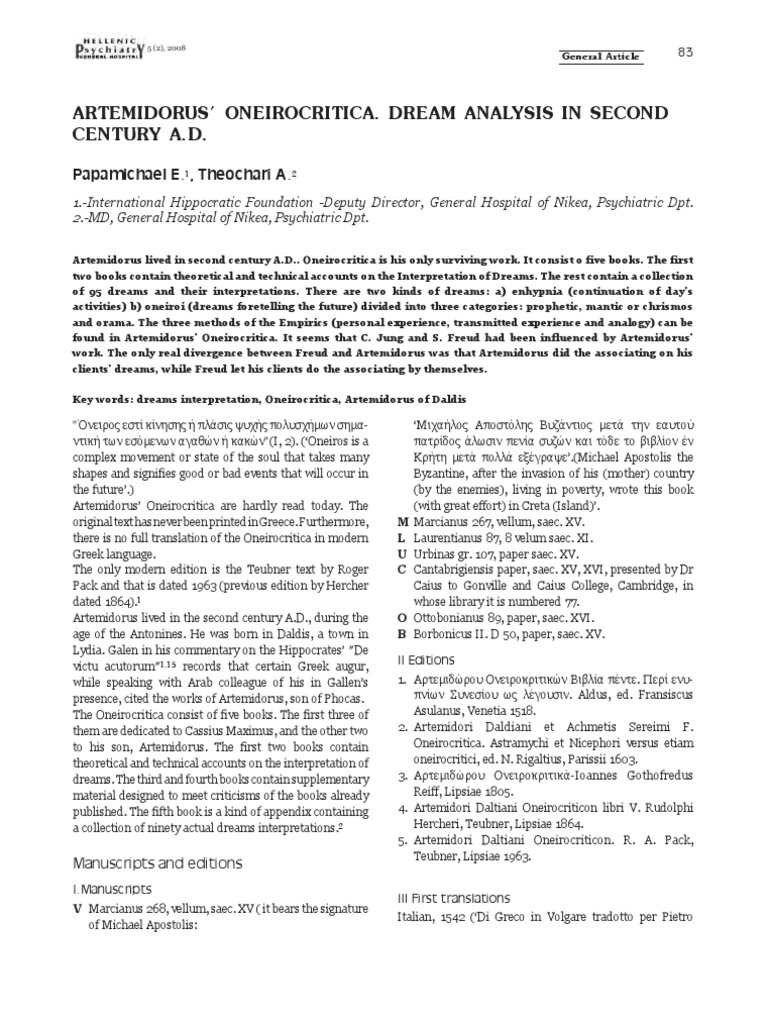 Artemidorus Oneirocritica. Dream Analysis in Second Century A.D ...