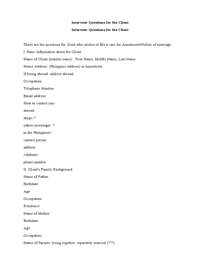 Interview Questions For The Client ANNULMENT-1 | PDF | Wife | Husband