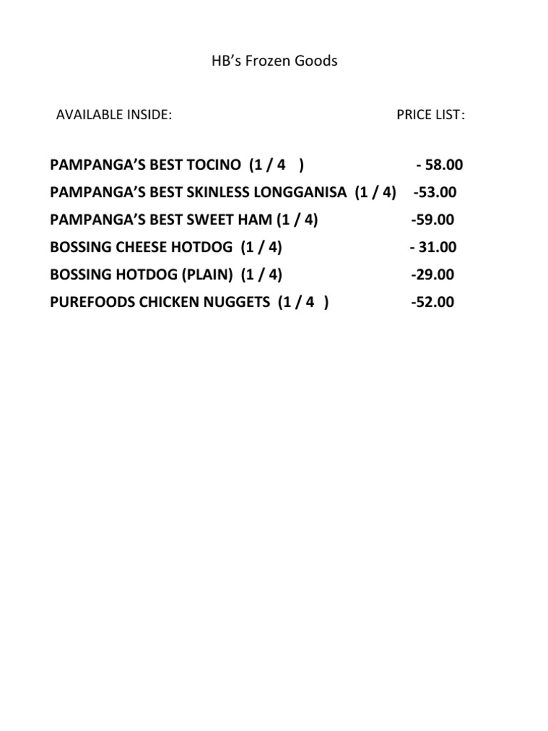 HB's Frozen Goods: Available Inside: Price List | PDF