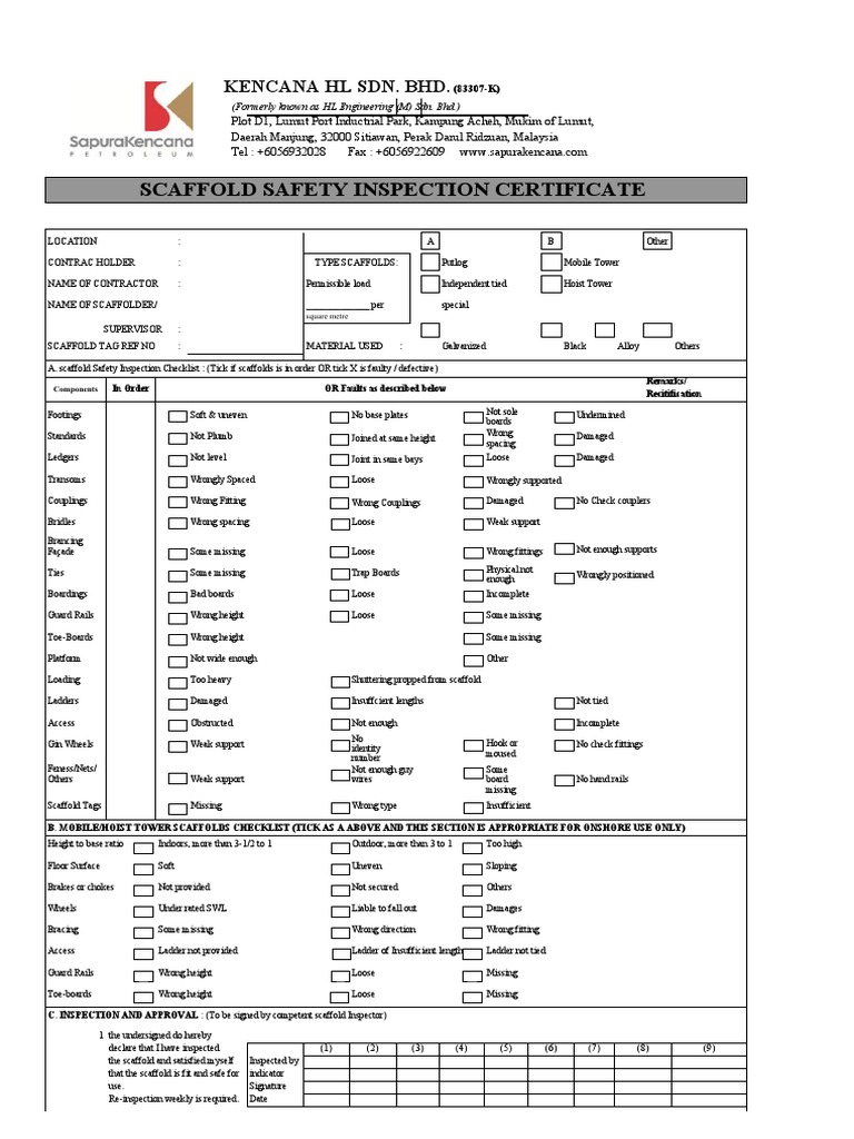 Hse-Cl-064. Scaffold Safety Inspection Certificate | PDF | Scaffolding ...