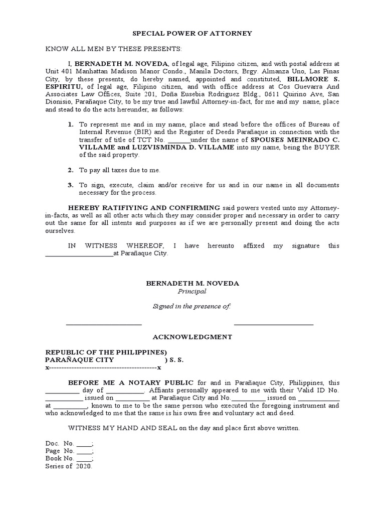 Spa-Transfer of Title | PDF | Power Of Attorney | Civil Law (Legal System)