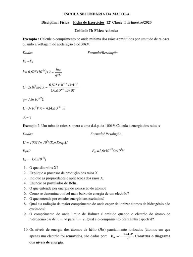 Ficha de Exercícios - Fisica - 12 Classe | PDF | Raio X | Elétron