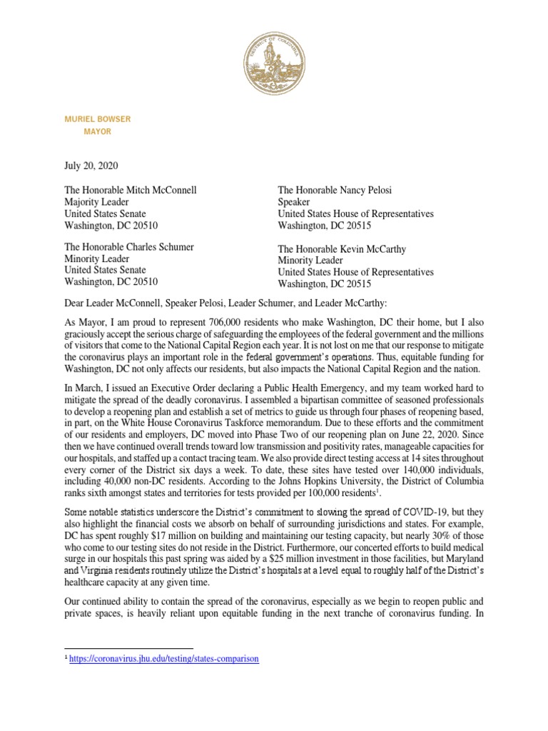 Mayor Bowser Letter To Senate and House Leadership 7-20-20 | PDF ...