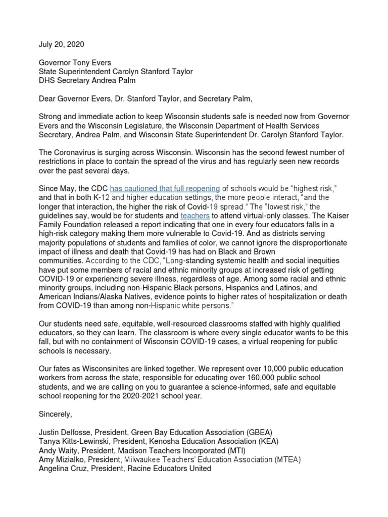 Reopening Letter From Coalition of Urban Education Associations | PDF ...