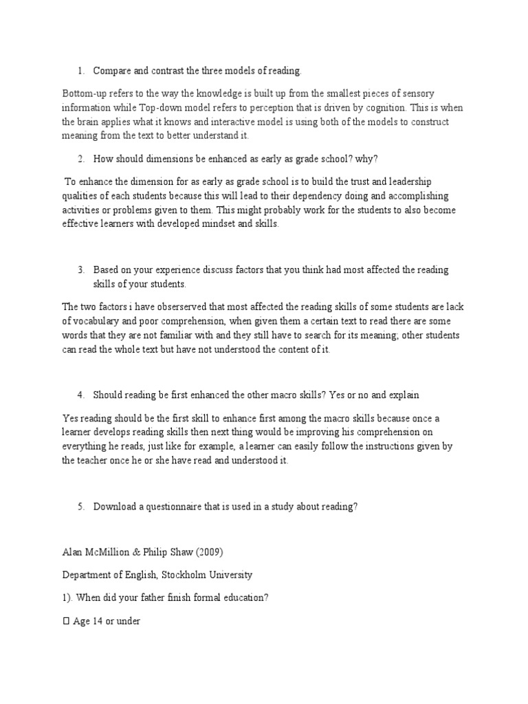 Compare and Contrast The Three Models of Reading | PDF | Reading ...