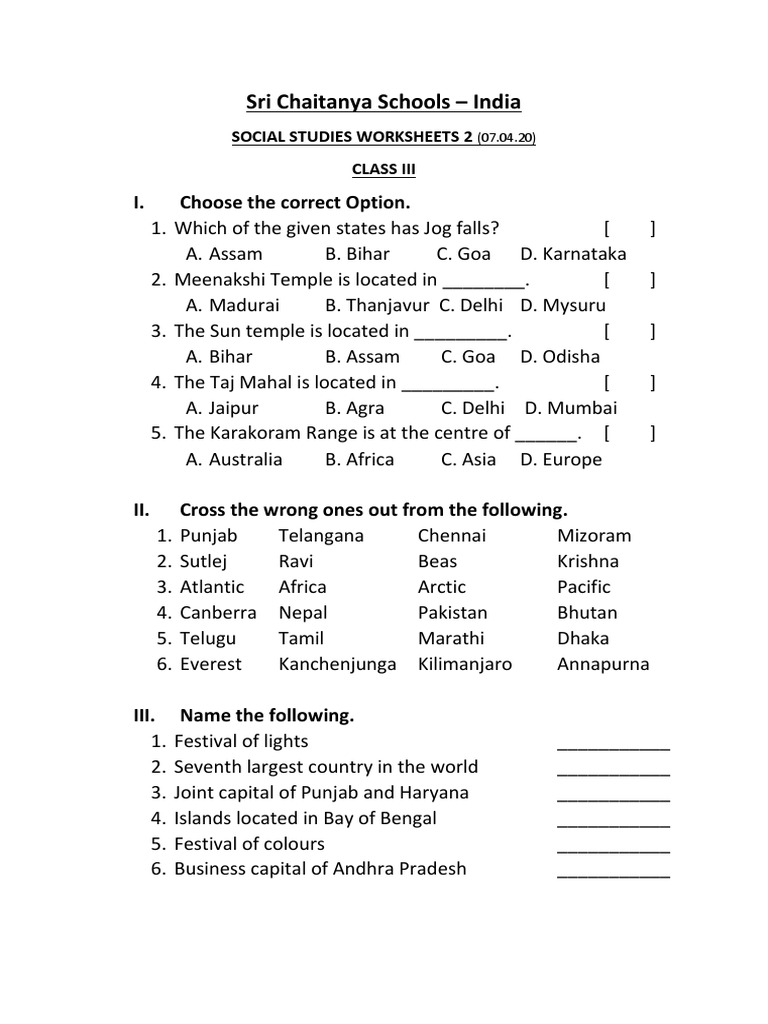 SOCIAL STUDIES WORKSHEETS 2 FOR CLASS III (Corrected) | PDF | Tamil ...