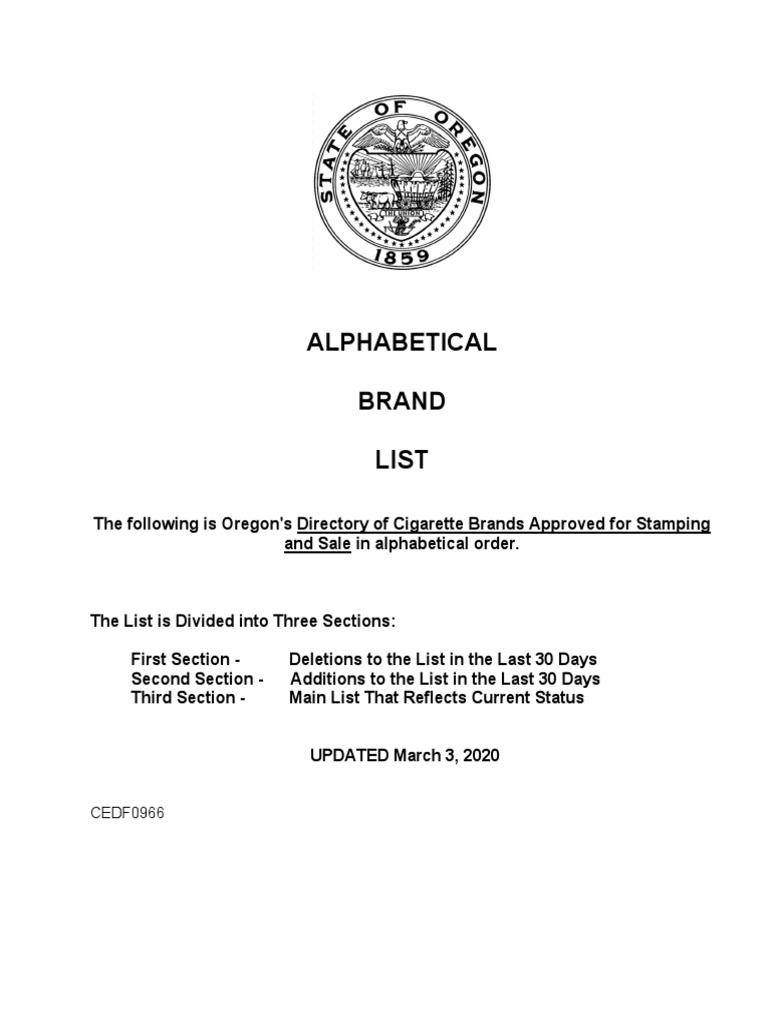 Alphabetical Brand List: CEDF0966 | PDF | Tobacco Industry | Industries