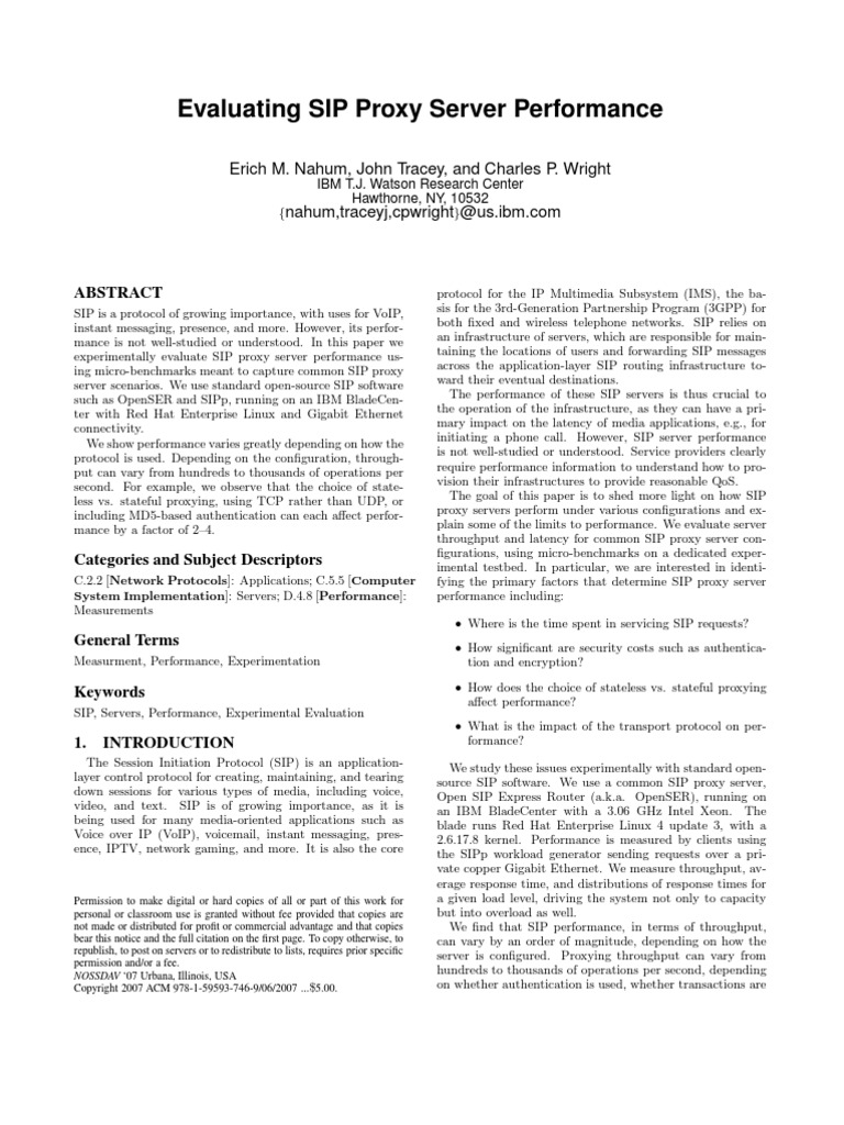 Evaluating Sip Proxy Server Performance Pdf Session Initiation Protocol Proxy Server