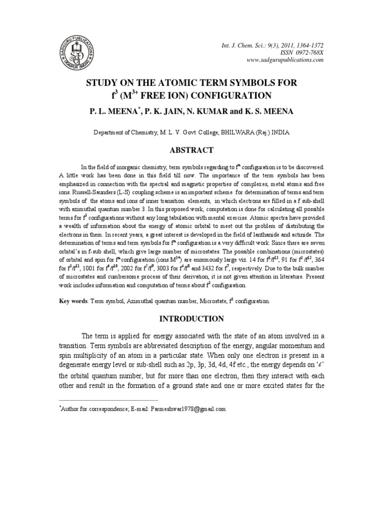 Study On The Atomic Term Symbols For F (M Free Ion) Configuration | PDF ...