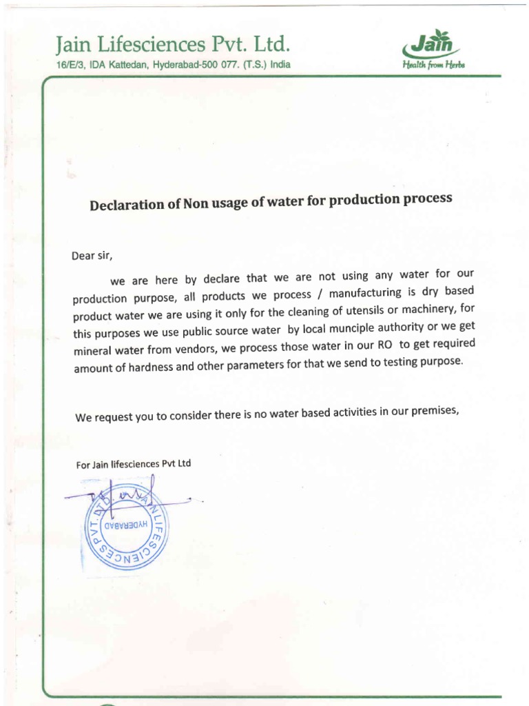 Water Declaration | PDF