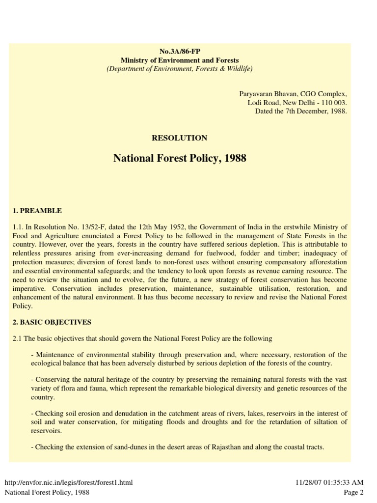 National Forest Policy, 1988 | Forestry | Forests