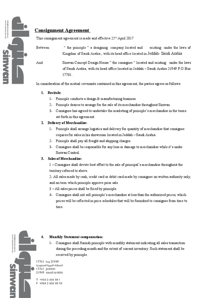 Consignment Agreement - Draft | Download Free PDF | Prices | Sales