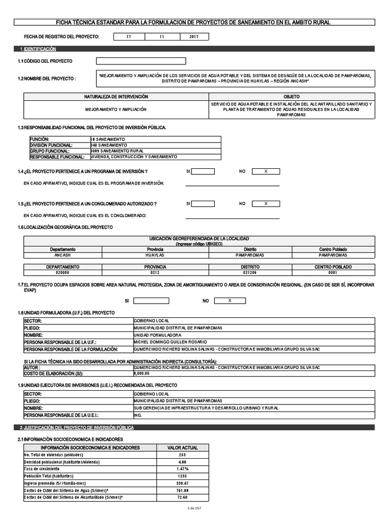 Ficha Tecnica Estandar Del Perfil de Saneamiento Rural Pamparomas | PDF | Saneamiento ...