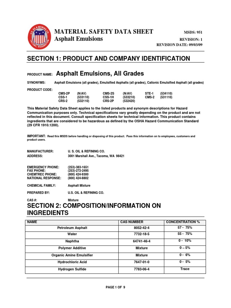 SDS Asphalt Emulsions CSS-1 & CSS-1h | PDF | Dangerous Goods | Combustion