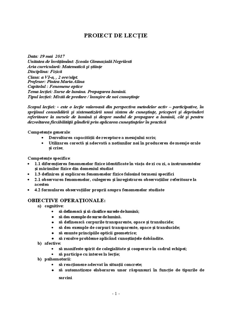 Proiect de Lecție: Obiective Operaţionale | PDF