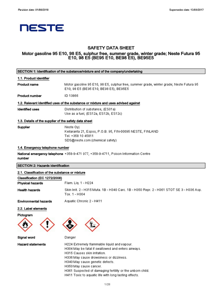 MSDS Ethanol (E10) by Neste (2018) | PDF | Sewage Treatment | Toxicity